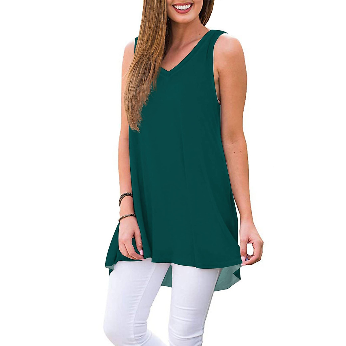 WNEEDU Women's Summer Sleeveless V Neck Tunic Casual T-Shirt Tank Tops Blouse(Dark Green,XL)