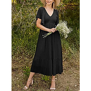 LILLUSORY Black Maxi Dresses for Women Summer Long Trendy Casual Flowy Funeral Short Flutter Sleeve Dress with Pockets