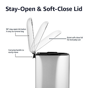 Amazon Basics 10 Liter / 2.6 Gallon Soft-Close, Smudge Resistant Trash Can with Foot Pedal for Narrow Spaces - Brushed Stainless Steel