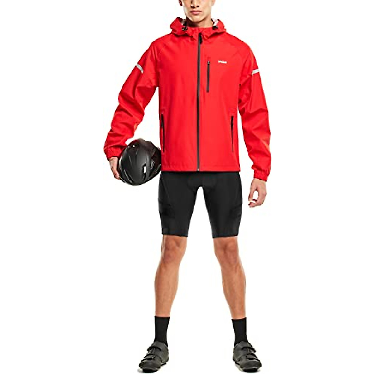 TSLA Men's Cycling Waterproof Jacket, Reflective Hoodie Windbreaker, Packable Bike Rain Jackets with Back Pocket, Cycling Red, Large