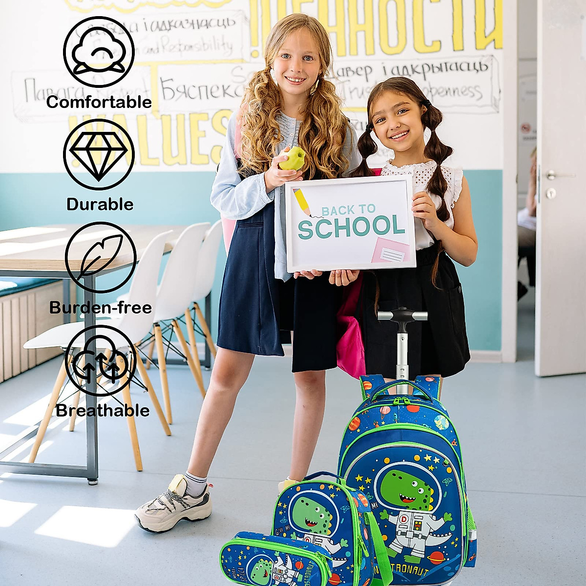 Rolling Backpacks for Girls, Boys Backpack Trolley Bag, Kids Wheeled Backpack with Lunch Bag Pencil Case Cartoon Printed Primary School Bag Set 16 inch Pupils Satchel Rolling Backpack for Children Students