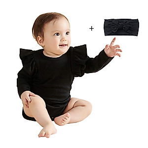O2 BABY Organic Cotton Onesie Baby Girl Ruffle Romper Long Sleeve Bodysuit Jumpsuit with Headband Outfit Set for Infant(3-6Months,Black)