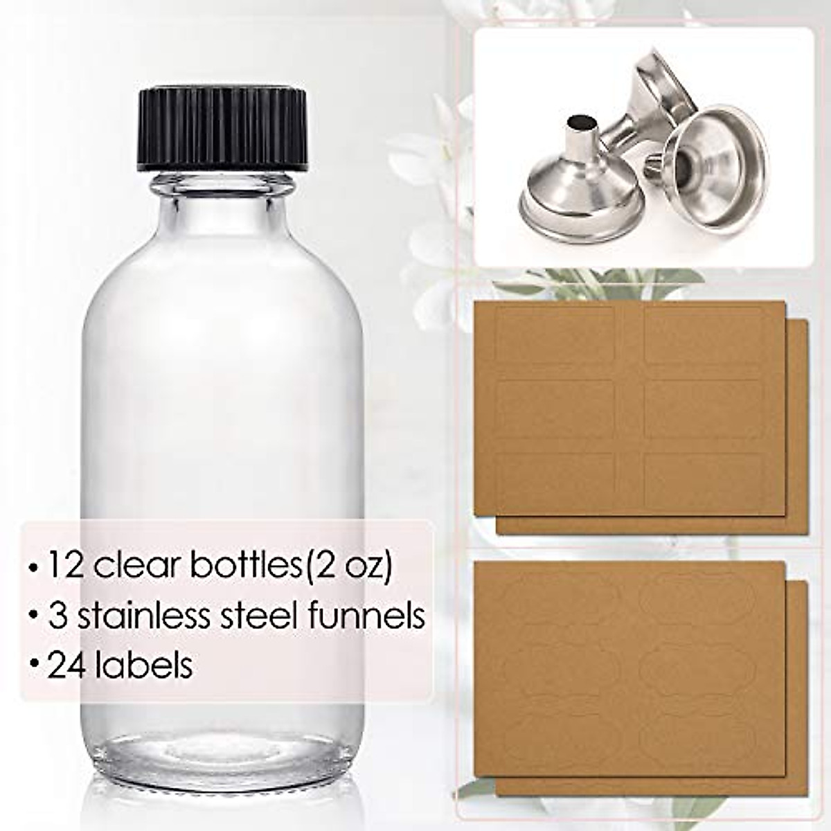12 Pack, 2 oz Small Clear Glass Bottles with Lids & 3 Stainless Steel Funnels - 60ml Boston Round Sample Bottles for Potion, Juice, Ginger Shots, Oils, Whiskey, Liquids - Mini Travel Bottles, NO Leakage