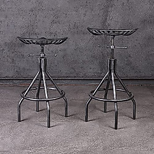 Lisuden Industrial Tractor Seat Barstools Farmhouse Cast Iron Adjustable Counter Height Stools Swivel Kitchen Saddle Bar Stools Set of 2 Metal Black Brush Silver Dining Chair 24"-30"