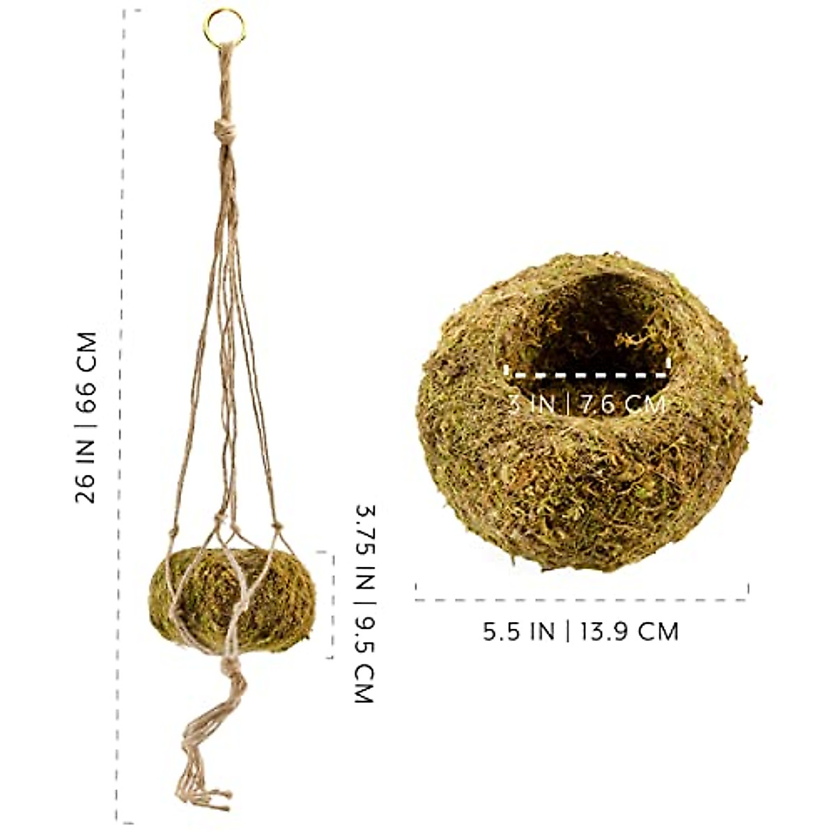 Esterno Kokedama Hanging Planters (Set of 3, 5.5in Diameter); Japanese Moss Ball Plant Holder for Ferns, Succulents, Orchids Etc