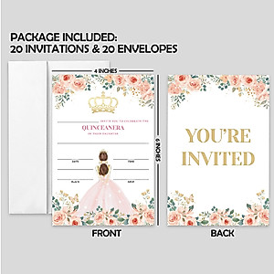 AEHIE 20 Sets 15th Quinceanera Party Shaped Fill-In Invitations With Envelopes, Pink Floral Crown Princess Rose Invitations Invite RSVP Cards for 15 Year Old Girls, Bridal Shower Party Invites