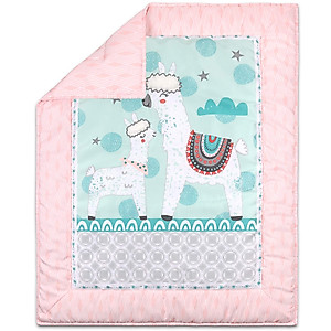 The Peanutshell Llama Love Crib Bedding Set for Baby Girls | 4 Piece Nursery Set | Baby Quilt, Crib Sheet, Dust Ruffle with Plush Llama Toy