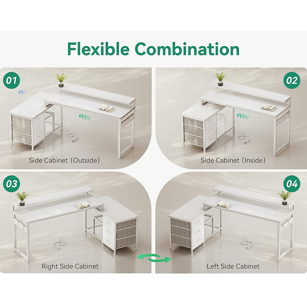 AODK 70 Inch L Shaped Computer Desk with Power Outlets & USB Charging Ports, Reversible L-Shaped Corner Desk with Drawers & Monitor Stand, Home Office Workstation with Storage Cabinet, White