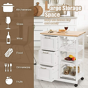 Giantex Kitchen Island Cart, Home Bar Serving Cart, Kitchen Trolley with 3 Large Drawers, Storage Shelf and 3 Tier Shelves, Rolling Storage Cabinet, Mobile Cart (White)