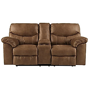 Signature Design by Ashley Boxberg Oversized Faux Leather Manual Double Reclining Loveseat with Center Console, Brown