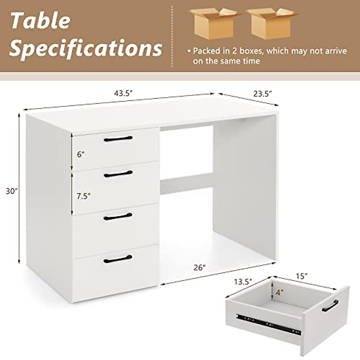 COSTWAY White Computer Desk with 4 Large Drawers, Home Office PC Desk Workstation for Writing, Modern Computer Table for Bedroom, Study, Living Room