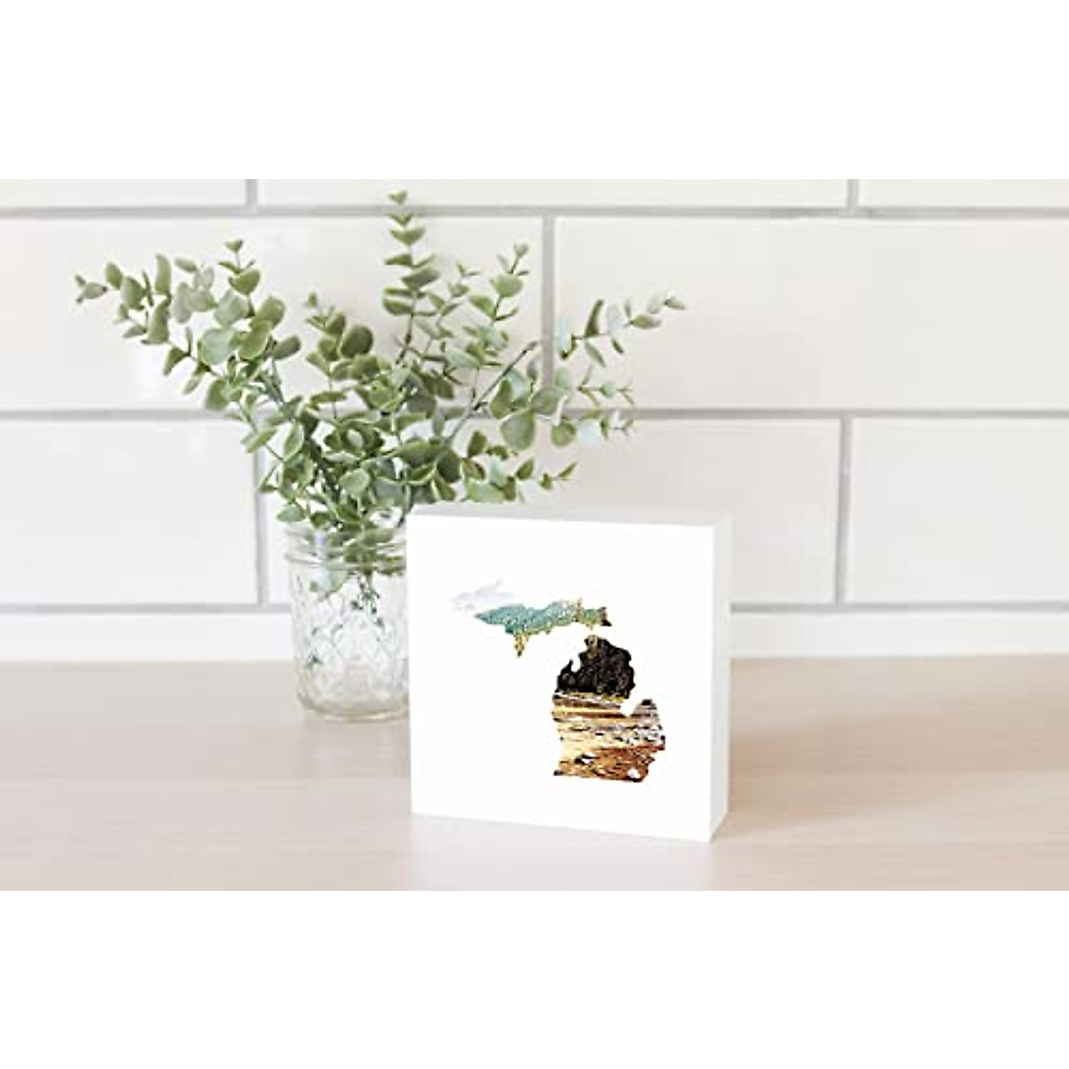 Michigan State Shape Picture, JoyRide Home Decor Wood Block Sign, 5"x5" Freestanding, Shelf or Wall Displayed, Artist Designed Home Décor.