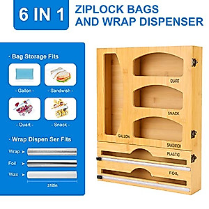 Ziplock Bag Organizer and Wrap Dispenser with Cutter – Practical 6-in-1 Bamboo Kitchen Drawer Organizer Store Gallons, Quarts, Sandwich and Snack Bags, Plastic Wrap, Foil, Wax