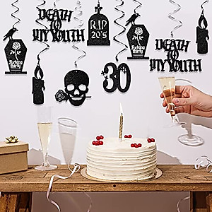 Fuutreo 36 Pcs Death to My 20s Decorations Rip 20s Birthday Decoration 30th Hanging Swirls Gothic Decorations Silver Black Glitter Funeral Party Supplies for Halloween Men Women