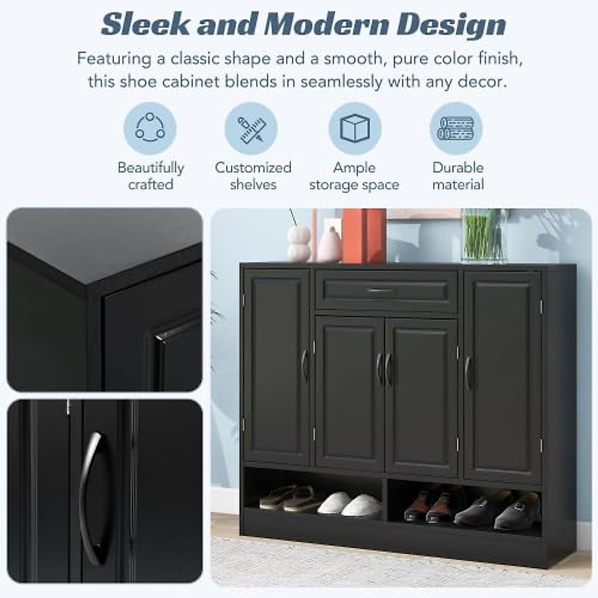 FridayParts Sleek and Modern Cabinet with Adjustable Shelves, Minimalist Shoe Storage Organizer with Sturdy Top Surface, Space-Saving Design Side Board for Various Sizes of Items, Black