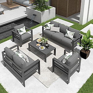 Solaste Aluminum Patio Furniture Set,5 Pieces Modern Outdoor Conversation Set Sectional Sofa with Upgrade Cushion and Coffee Table,Grey
