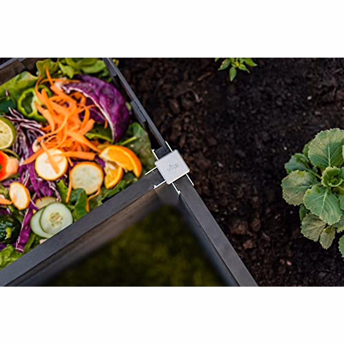 Vita Urbana 6 Foot x 6 Foot Embossed Vinyl Keyhole Garden with Composting Basket, Slate Grey, Gray, Woodgrain, PVC, BPA and Pthalate Free, VT17607