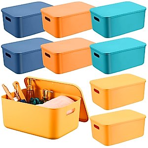 Jinei 8 Pack Plastic Storage Bins Stackable Storage Containers with Lid Handle 14 x 10 x 6 Inch Colorful Organizer Baskets Box Cubby for Pantry Shelf Bedroom Office Desktop Book Organization