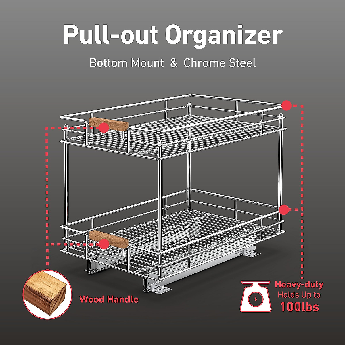 Mount Walker Pull Out Cabinet Organizer(14" W x 21" D), 2 Tier Slide Out Cabinet Shelves with Wood Handle, Sliding Drawer Pull Out Storage Shelf for Cabinet, Chrome