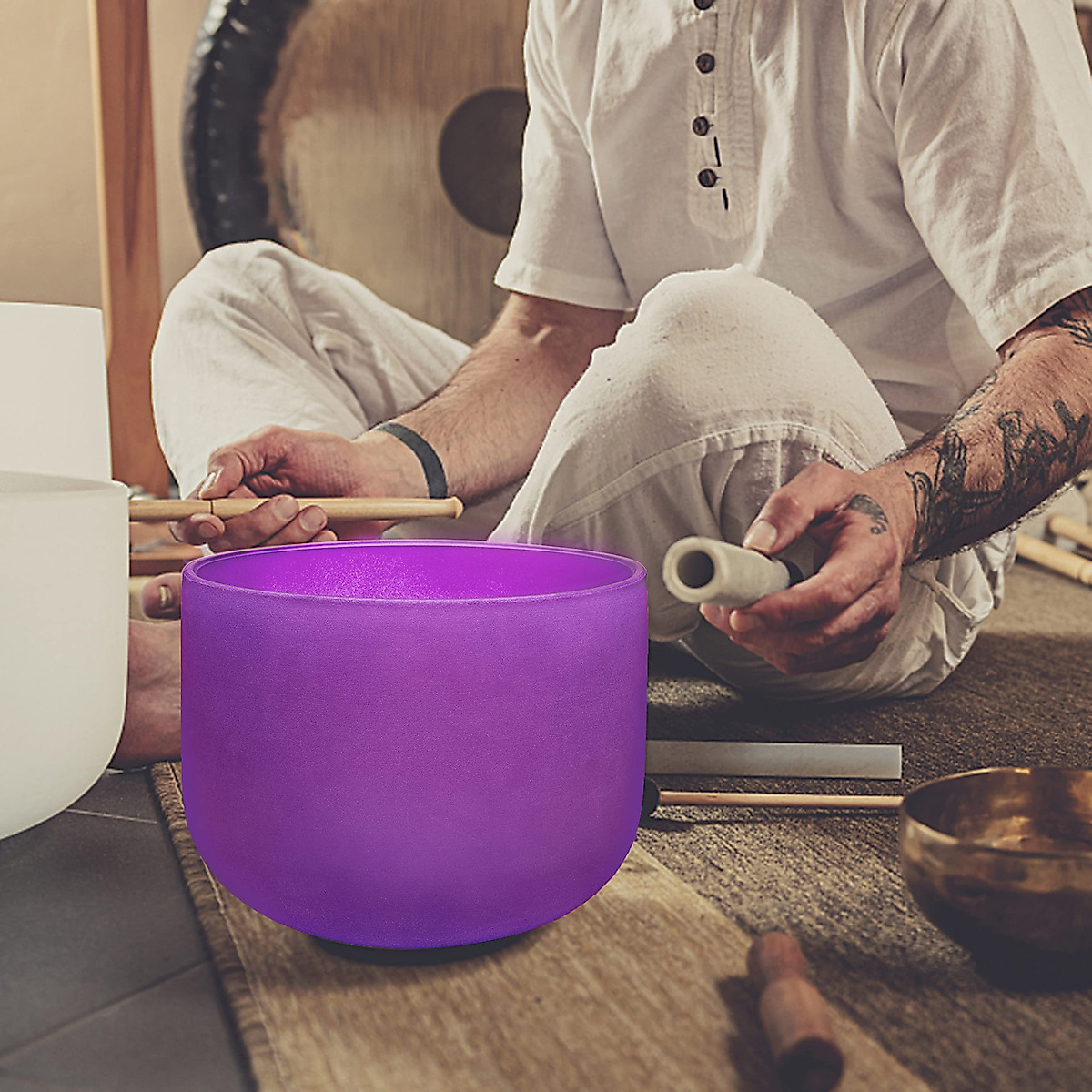 TOPFUND 432 Hz Violet A# Note Crystal Singing Bowl 8 inch Pineal Chakra with Heavy Duty Carrying Case and Suede Mallet