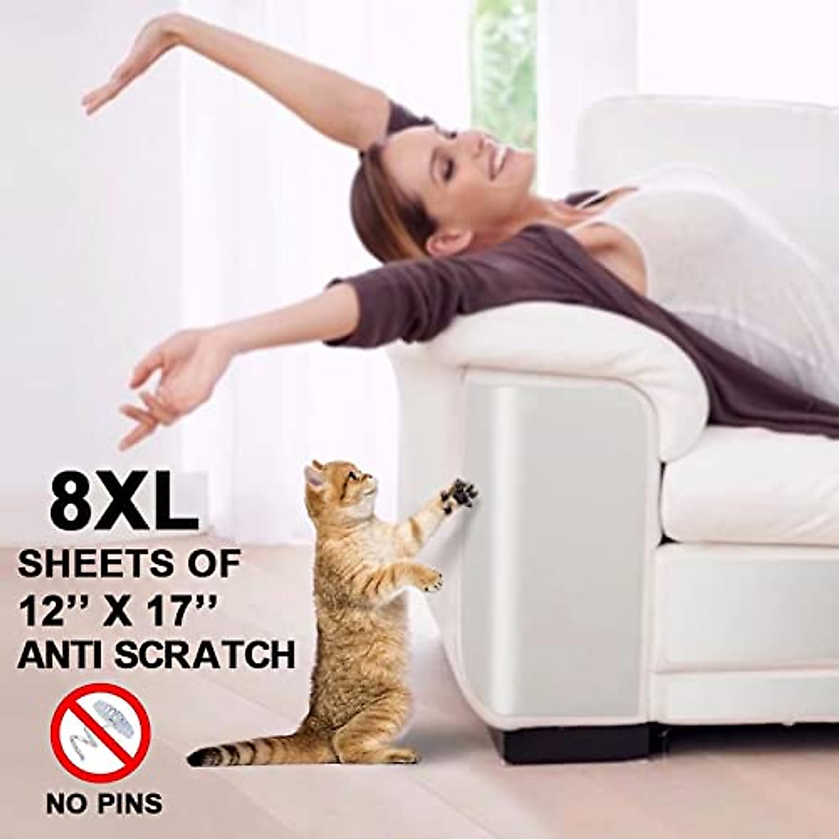 Cat Scratch Deterrent Tape - 12 x 17 Inches 8 PCS - Furniture Protector from Pet Scratch, Clear Double Side Anti-Scratch Cats Training Tape Sheets - Couch, Door, Walls, Carpet Protector – Residue Free