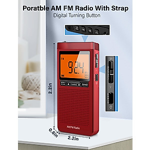 AM FM Portable Radio Personal Radio with Excellent Reception Battery Operated by 2 AAA Batteries with Stero Earphone, Large LCD Screen, Digtail Alarm Clock Radio(Red)