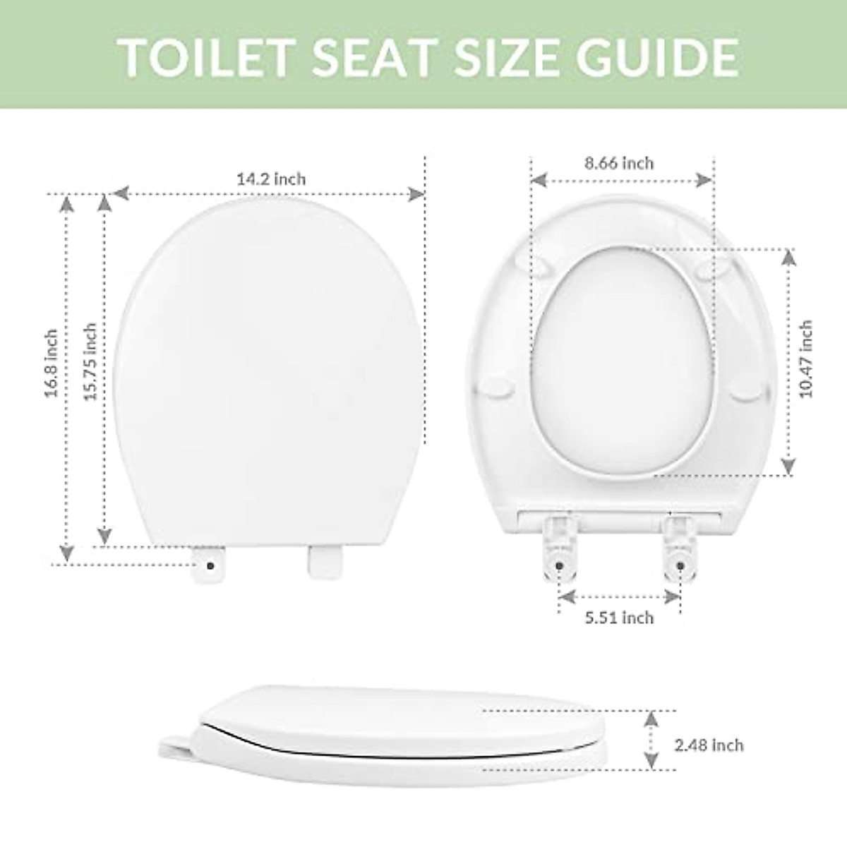 Toilet seat Round with Slow Close Hinges, Four Bumpers, Two Sets of Parts, White Toilet seat Round, Slow Close, Never Loosen and Easily Remove, Plastic, White