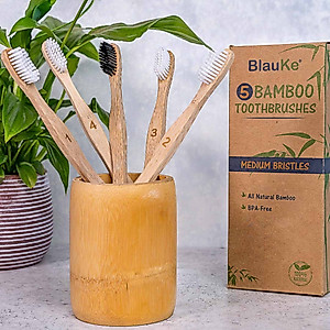 Bamboo Toothbrushes Medium Bristles 5-Pack – 4 White Wooden Toothbrushes, 1 Black Charcoal Toothbrush – Biodegradable Natural Eco Friendly
