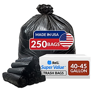 Reli. SuperValue 40-45 Gallon Trash Bags (250 Count Bulk), Made in USA | Black Large Garbage Bags - 40 Gallon - 42 Gallon - 44 Gallon - 45 Gallon Large Trash Bag Can Liners 40-45 Gal Capacity