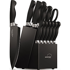 Knife Set, Amorston 15 Pieces Knife Sets for Kitchen with Block, Dishwasher Safe Kitchen Knife Set with Built in Sharpener Block, German Stainless Steel Knife Block Set, Black