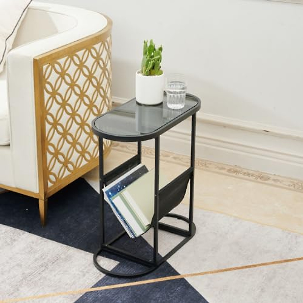 HoRunzelin Modern Oval End Table with Leatherette Magazine Sling, Glass Top Small Side Table with Metal Frame, Rustic Snack Accent Table, Black