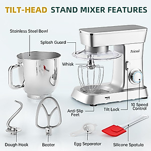 Peicual Stand Mixer, 5.5QT 10+P Speed Tilt-Head Kitchen Electric Mixer, Food Mixer with Stainless Steel Bowl, Dough Hook, Flat Beater, Wire Whisk, Splash Guard for Daily Use - Silver