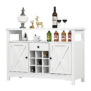 4 EVER WINNER Coffee Bar Cabinet Farmhouse, 47” Kitchen Buffet Storage Cabinet with Wine and Glass Racks, Storage Drawers, Wine Bar Cabinet with Barn Door for Kitchen, Dining Room, White