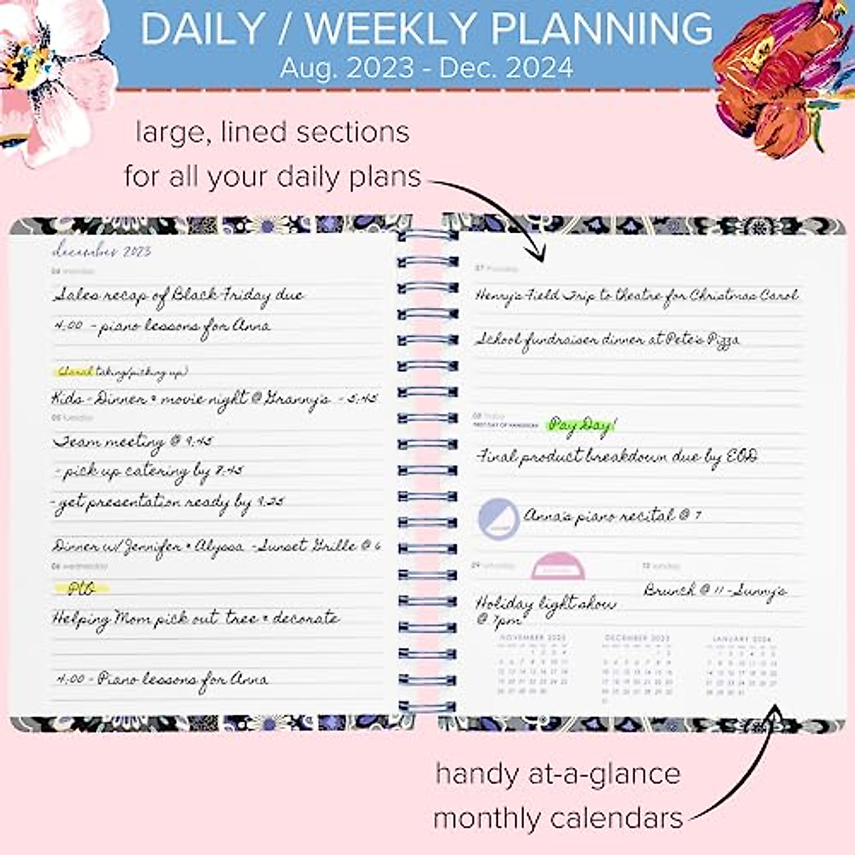 Vera Bradley Hardcover Daily Planner 2023-2024, Spiral Planner Dated August 2023 - December 2024, Jumbo Size Cute Planner, Weekly Planner with Monthly Calendar, Stickers, & Pockets, Sea Air Floral