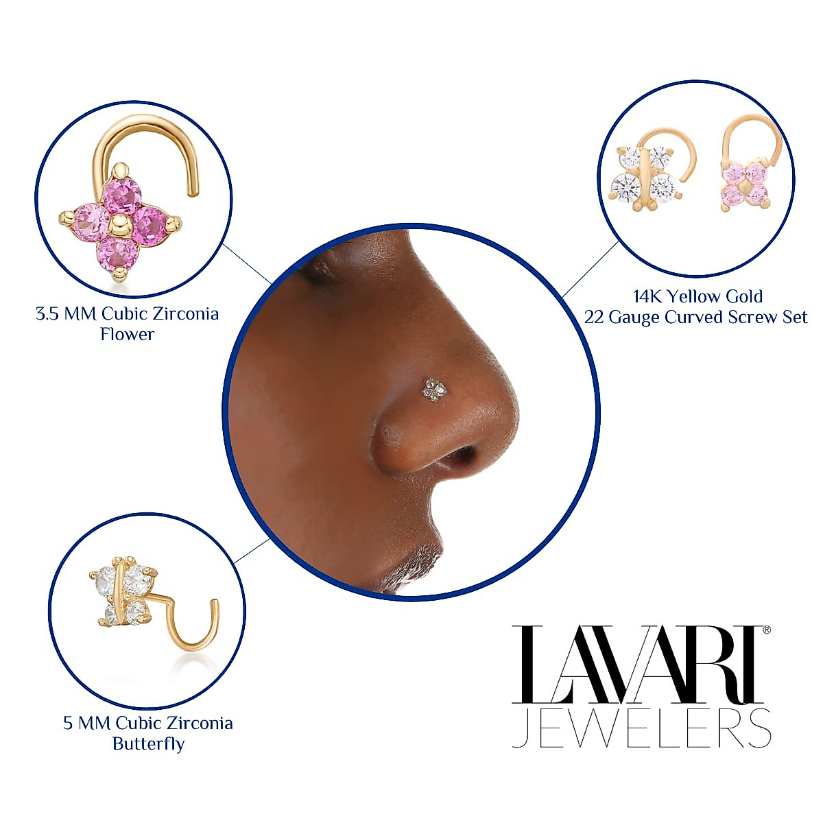 Lavari Jewelers 22 Gauge Curved Screw White Butterfly Pink Flower Nose Ring Set for Women in 14k Yellow Gold Piercing Jewelry Set