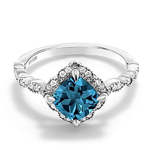 Gem Stone King 925 Sterling Silver London Blue Topaz and Moissanite Solitaire Engagement Ring For Women | 2.19 Cttw | Cushion Cut 7MM | Gemstone Birthstone | Available in Size 5, 6, 7, 8, 9