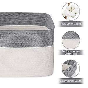 ANMINY Woven Cotton Rope Storage Baskets with Handles Large Washable Basket Decorative Storage Bins Boxes Nursery Baby Kid Toy Blanket Clothes Towel Laundry Organizer Containers - White/Gray