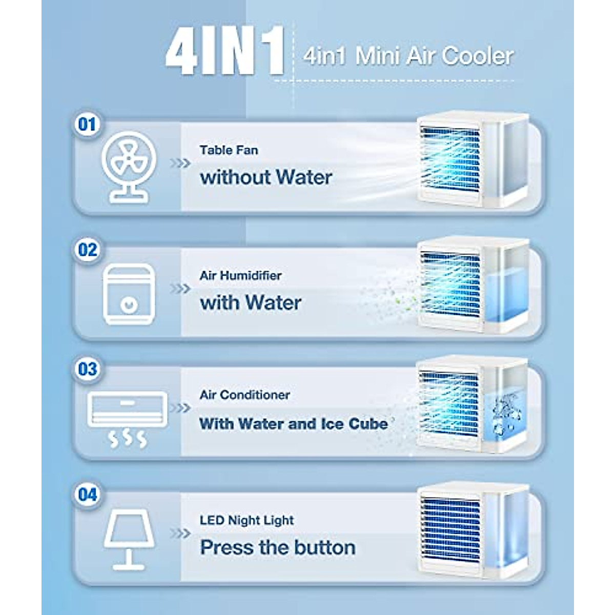 WAPEMORK Mini Portable Air Conditioners - Personal Air Conditioner with LED Night Light, USB Powered Desktop Evaporative Air Cooler with 800ML Water Tank for Car, Camping, Office and Room