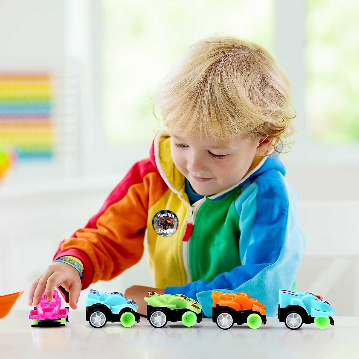 122 Pcs Truck Party Favors Kits Set Truck Theme Mini Cars Toys Cartoon Tattoo Stickers Keychain Wristband Bracelet Badge Stamper Goody Treat Candy Bags for Girls Boys Birthday Party Supplies