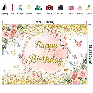 Wollmix Butterfly Happy Birthday Banner Backdrop Decorations 7x5ft Party Sweet 16 Girls Women Pink Florals Glitter Gold Dots Photography Background Supplies Photo Booth Studio Cake Table