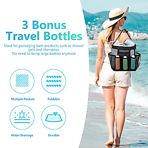 Black Mesh Shower Caddy Portable for College Dorm with 3 Bonus Travel Bottles - Large Capacity Mesh Beach Tote Bag with Adjustable Reinforced Strap - Quick Dry and Sandproof Shower Bag for Beach, Pool