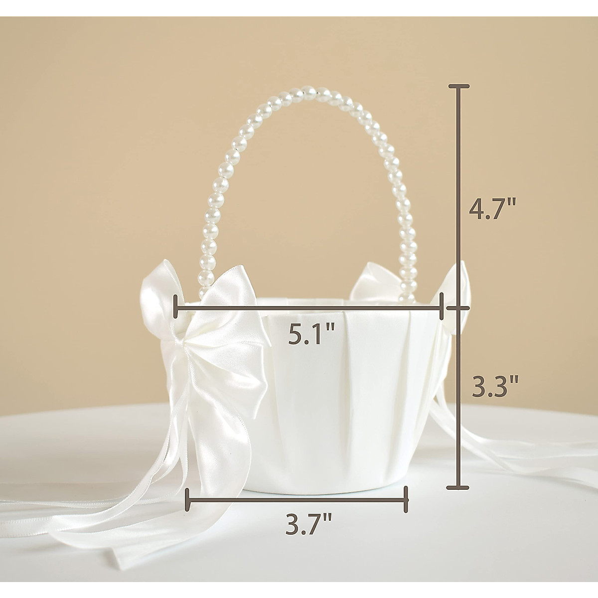 ATAILOVE Wedding Flower Girl Basket with Cute Pearl Handle Bowknot Satin Flower Baskets for Wedding Ceremony - Ivory