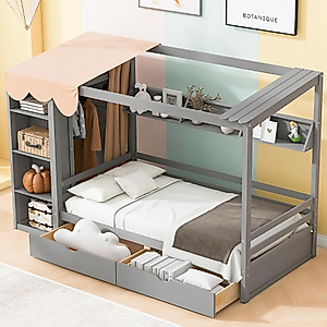 Merax Twin Size House Bed Frame with 2 Drawers, Built-in Wardrobe, Storage Shelves, Guardrail and Curtain, Wooden Bed for Kids