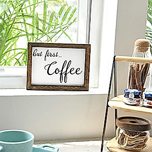 Mkono 1 Pcs Coffee Signs Decor Farmhouse Coffee Table Decor 2 Sides with Different Sayings Rustic Wood Coffee Sign, Office Home Bar Wall Table Decor