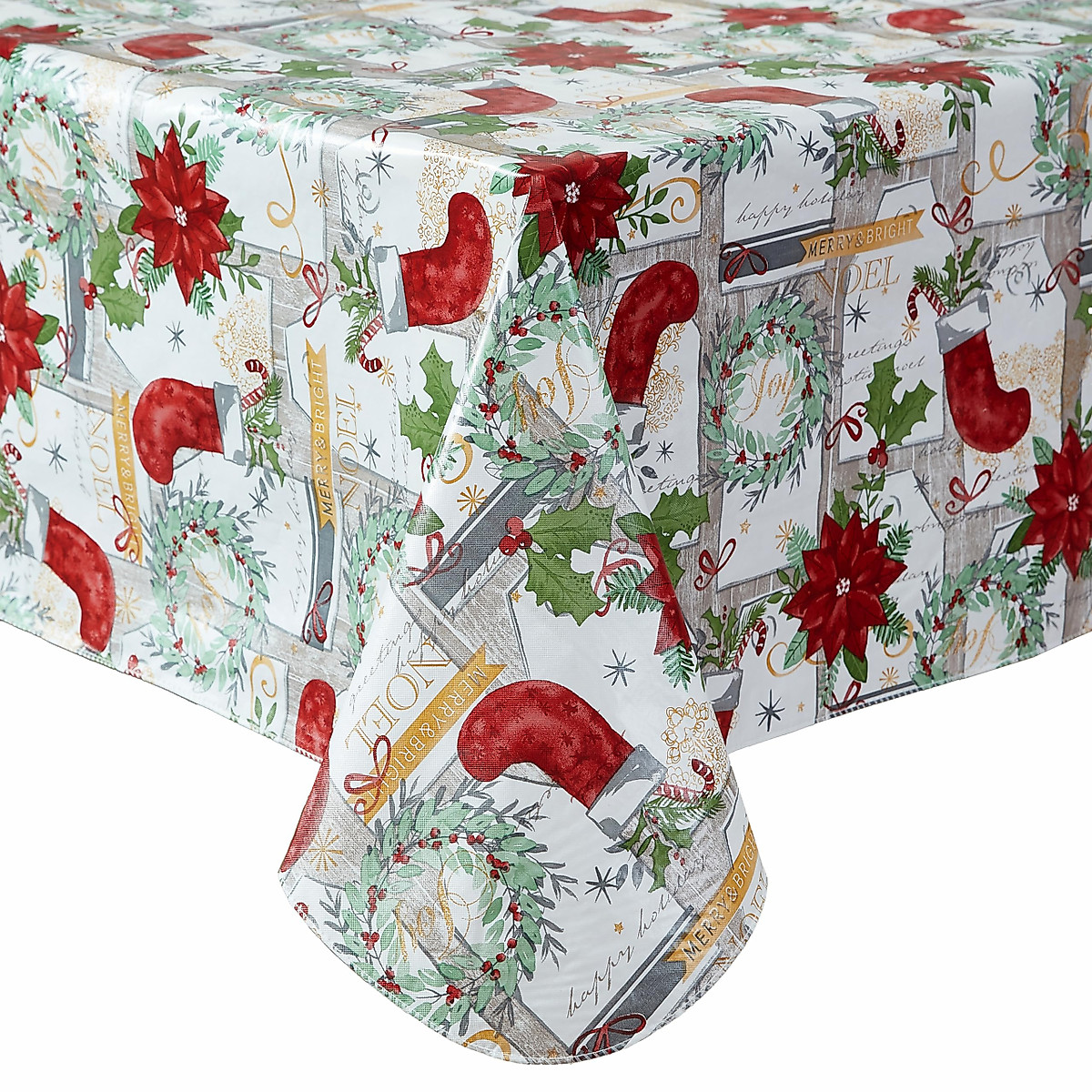 Newbridge Merry Christmas Stocking Holiday Vinyl Flannel Backed Tablecloth - Noel Christmas Wreath, Festive Seasons Greetings Print Wipe Clean Easy Care Xmas Tablecloth, 60” x 102” Oblong/Rectangle