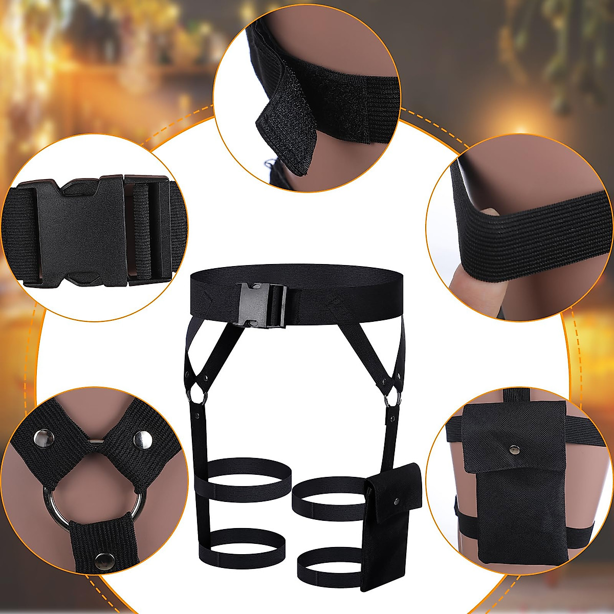Kathfly 2 Pieces Women's Multi Strap Garter and One Pair of Leather Gloves Black Pocket Utility Belt Costume Accessory Adjustable Leg Straps for Halloween Party