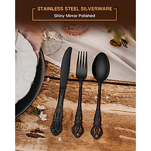 EUIRIO 40 Pieces Royal Silverware Set Black, Retro Flatware Set for 8, Stainless Steel Cutlery Set with Luxury Forks Spoons and Knives, Utensils Set Mirror Polished, Dishwasher Safe