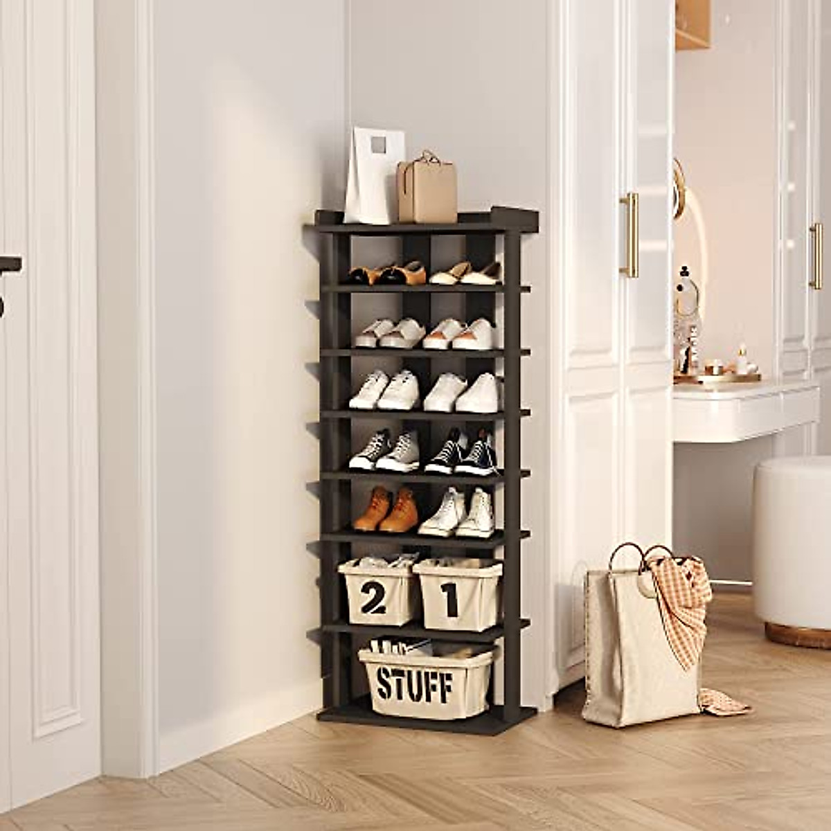 HOMEFORT 7-Tier Wood Shoe Rack, Double Rows, Black, 18" W x 11" D x 45" H