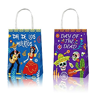 YVAINE 12 Pieces Day of The Dead Gift Bags with Handle Dia De Los Muertos Paper Party Favor Bags Sugar Skull Paper Bag for Halloween Birthday Party Decoration Mexican Fiesta Party Supplies