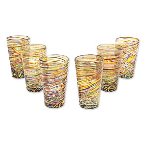 NOVICA Artisan Handmade Glass Highball Glasses Mexican Multicolor 13 Oz 6 Orange Mexico Tableware Drinkware Water Recycled Eco Friendly [6in H x 3.3in Diam. 13 Oz.] 'Rainbow Centrifuge' (Set of 6)